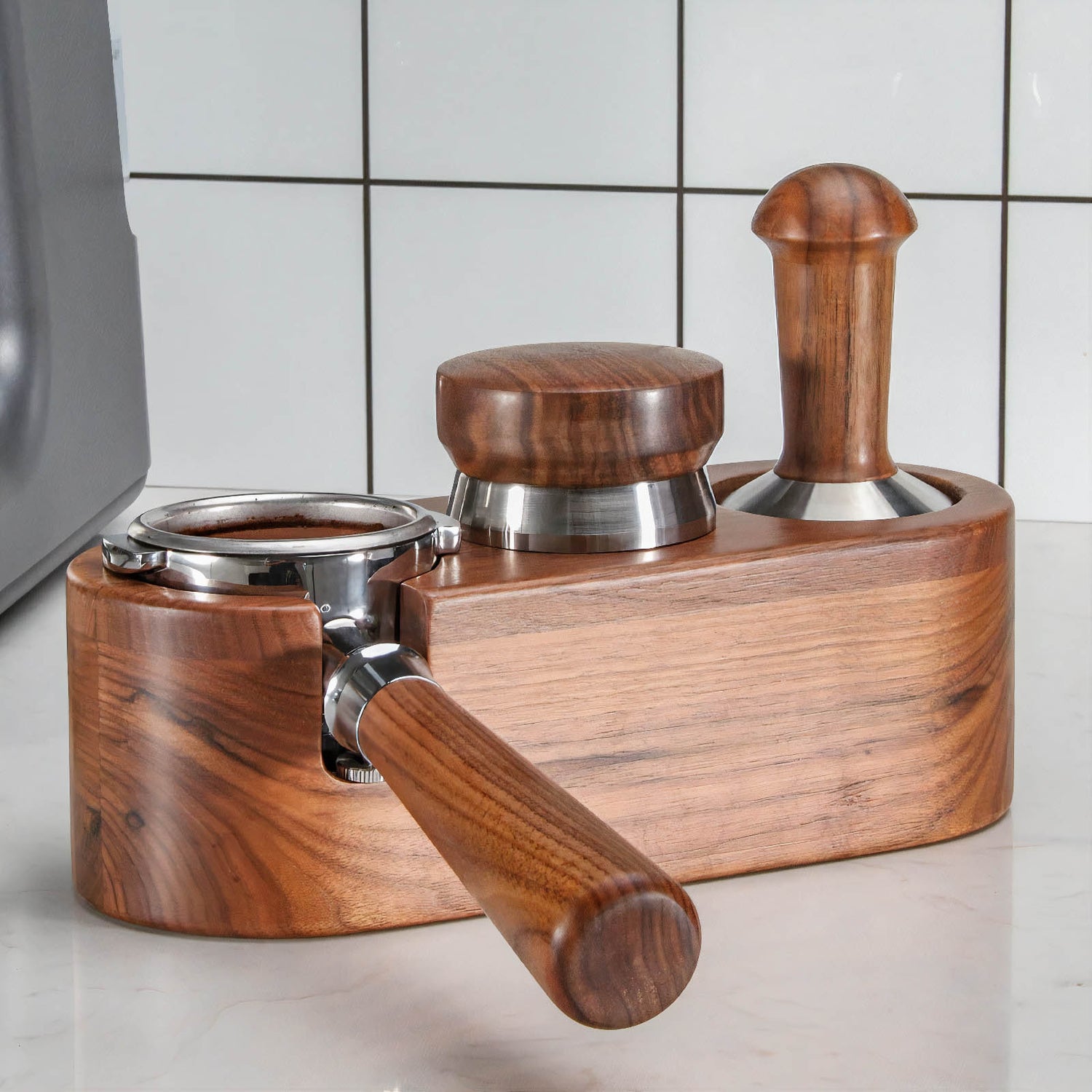 Adjustable Depth Espresso Distributor with Walnut Handle